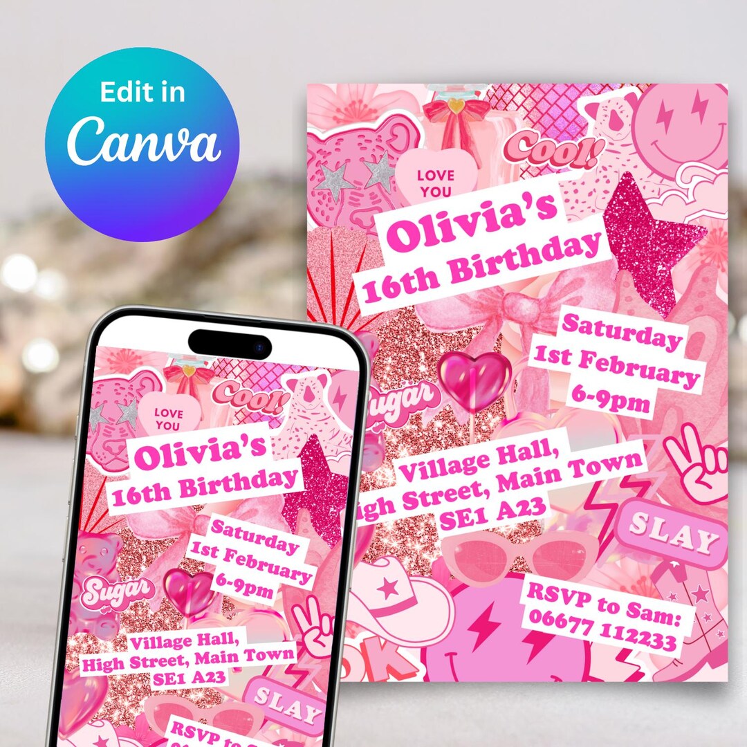 Preppy Pink Collage Birthday Invitation | Editable Canva Template ...