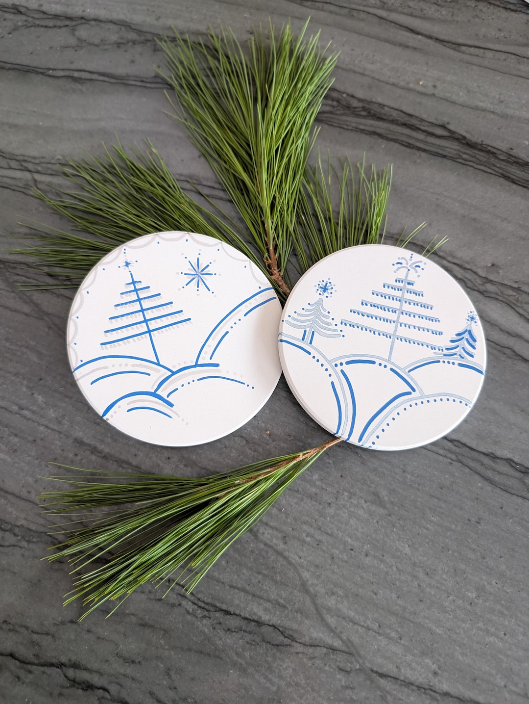 Hand-painted Holiday Ceramic Coasters With Christmas Trees in Blue and ...