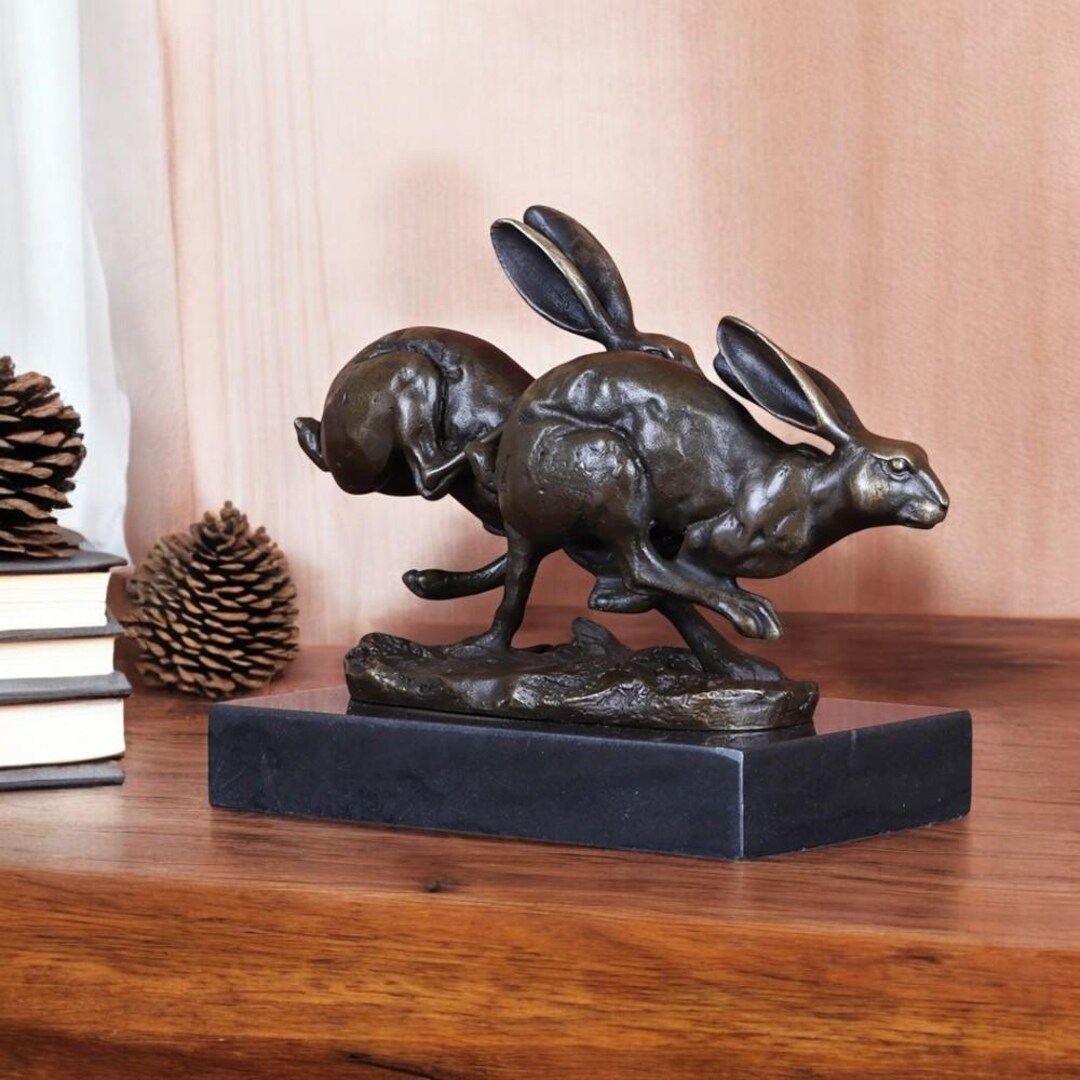 Bronze Cottontail Rabbits Figurine on Marble Base Running Hares ...