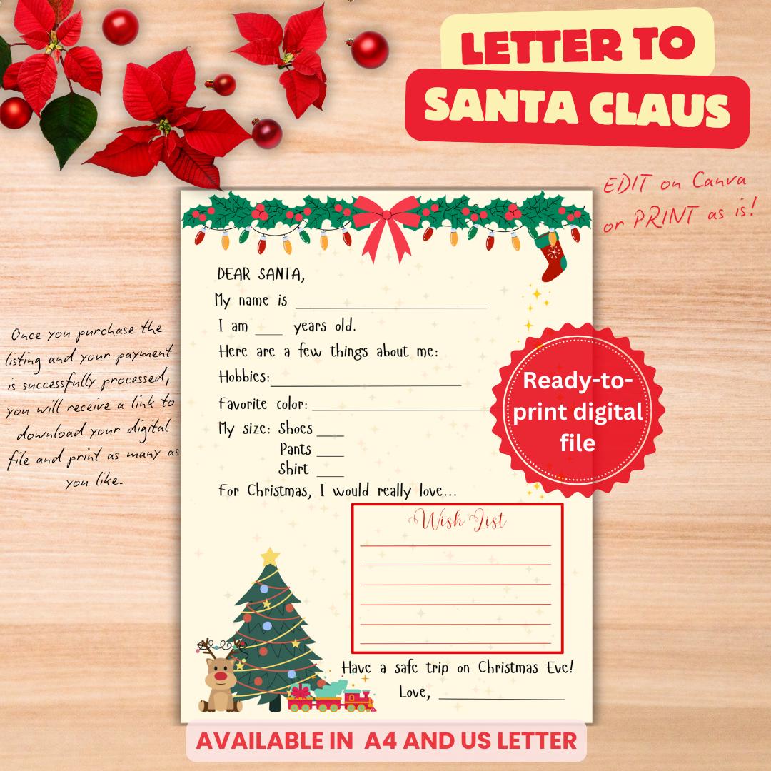 Christmas Wish List Letter to Santa With Envelope editable & Printable ...
