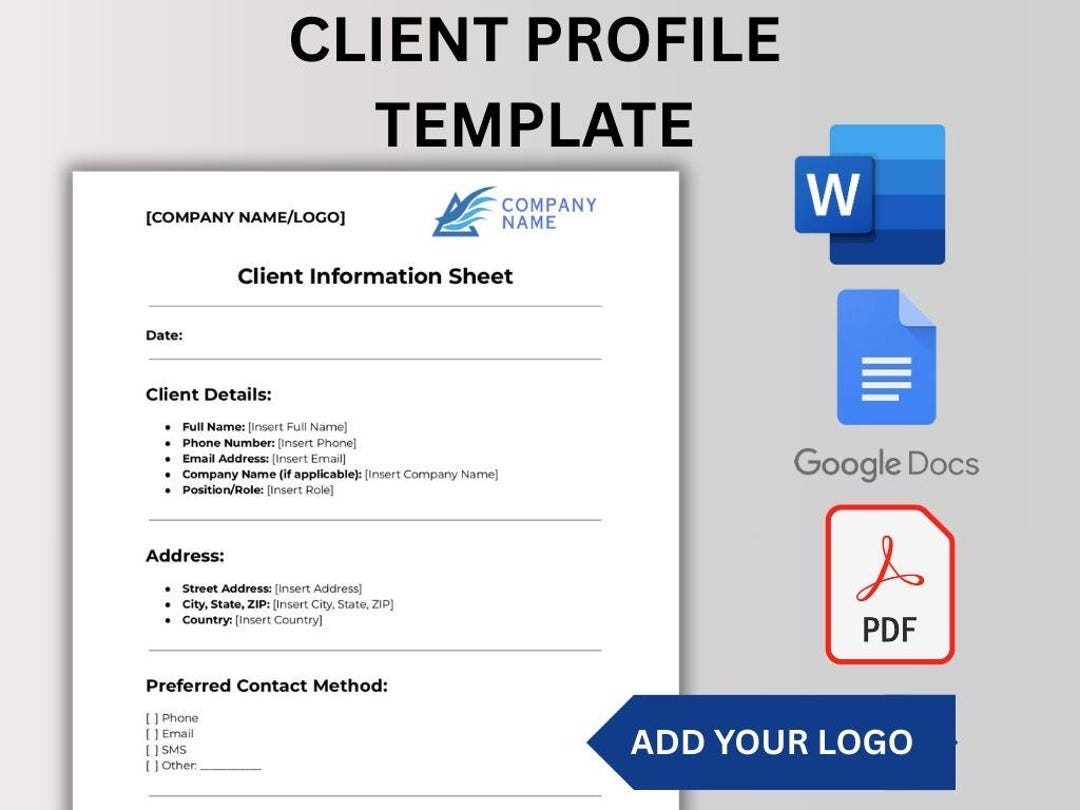 Client Information Sheet | Editable Client Profile | Word, Google Docs ...