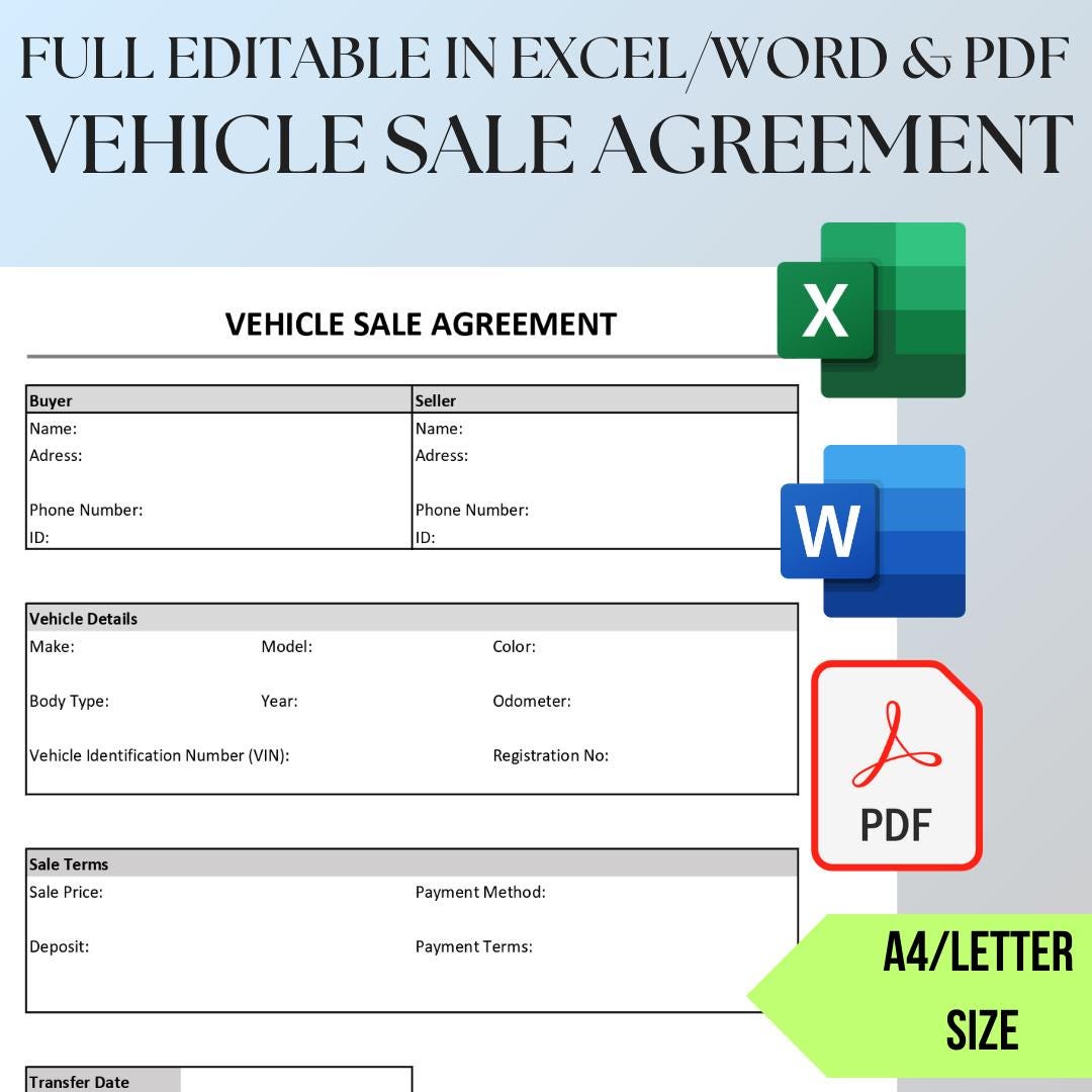 Vehicle Bill of Sale. Business Form. Printable Sale Agreement. Editable ...