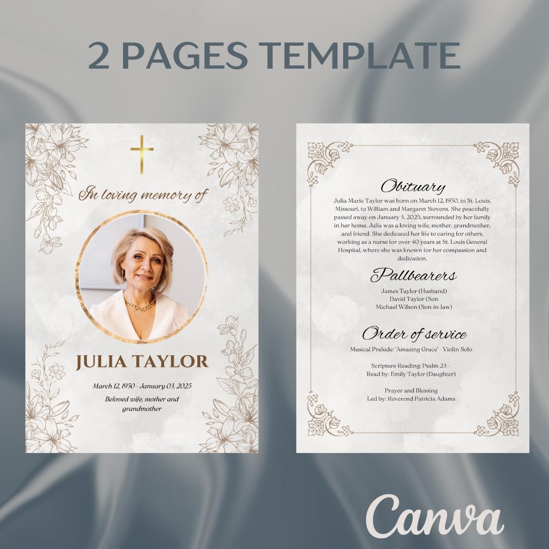 Editable Funeral Program Template. Editable Obituary Program in Canva ...