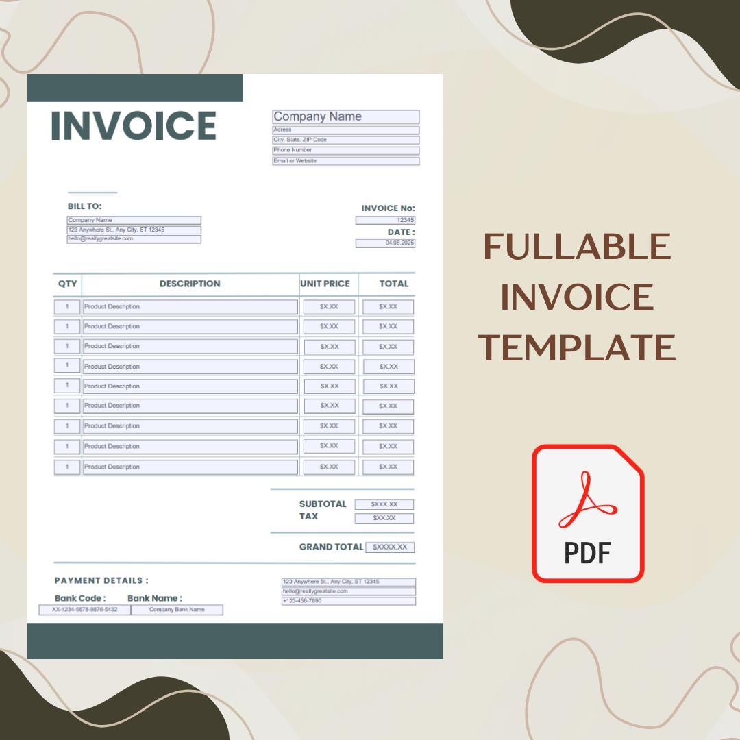 Fullable PDF Invoice Template. Professional Invoice for Business ...