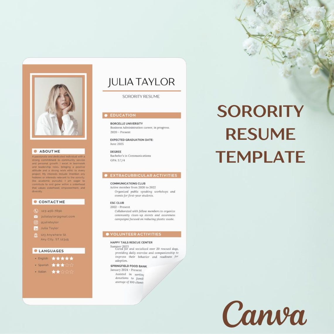 Editable Sorority Resume Template With Photo. Sorority Cover Letter ...