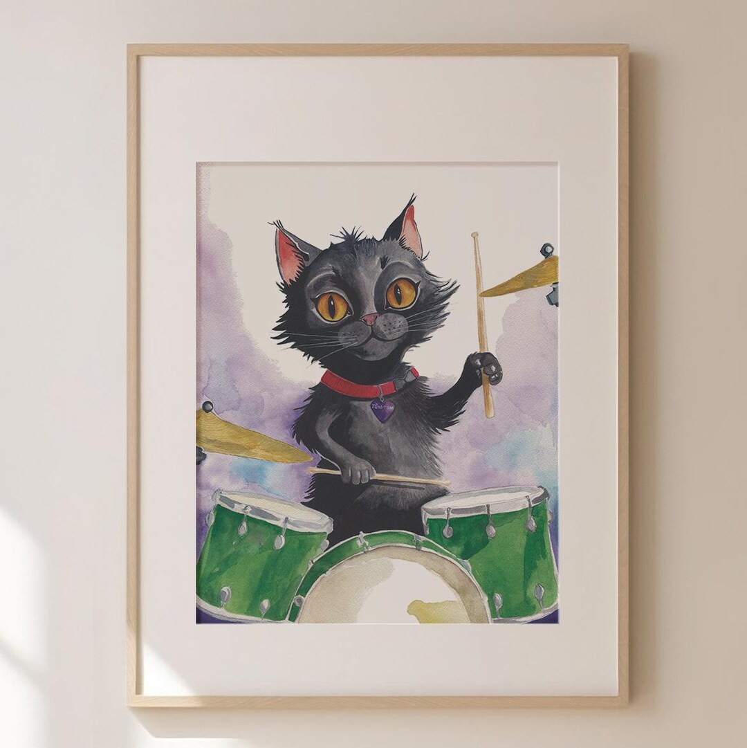 Cat Drummer Watercolor Print, Cat Playing Drums, Cat Musician, Cat ...
