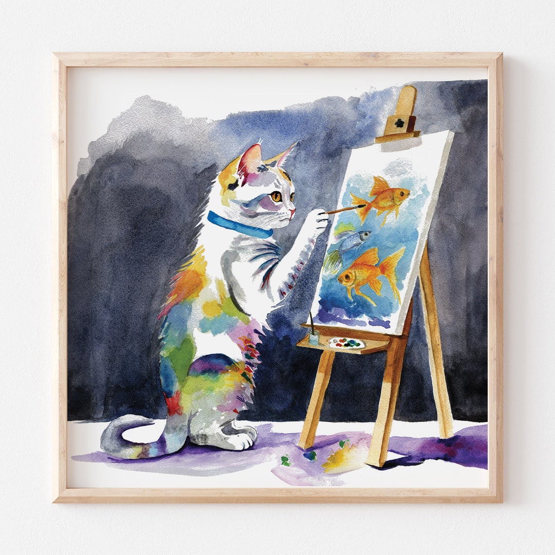 Cat Art Print, Cat Painting Fish, Cat Painter, Cat Lovers, Kitty ...