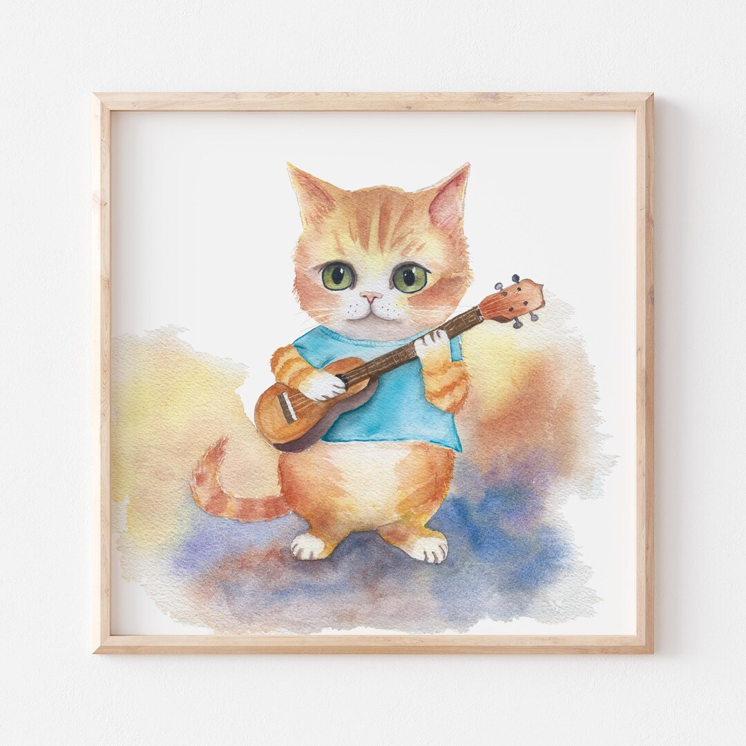 Cat Painting, Art Print, Cat Playing Ukulele, Cat Musician, Cat Lovers ...