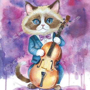 Cat Art Print, Cat Playing Bass, Cat Musician, Cat Lovers, Kitty ...