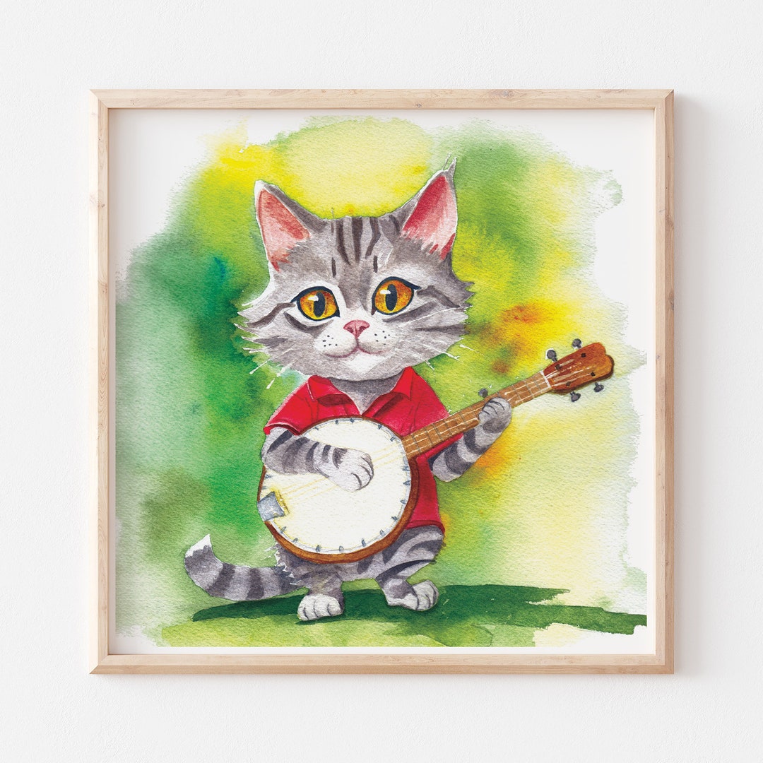 Cat Art, Cat Playing Banjo, Cat Musician, Cat Lovers, Kitty Watercolor ...