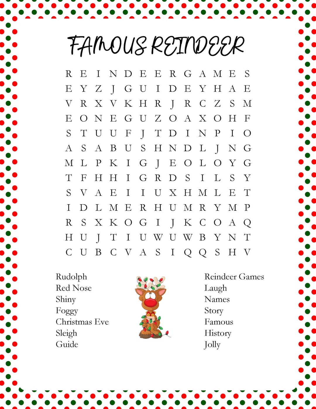 Famous Reindeer Word Search - Etsy