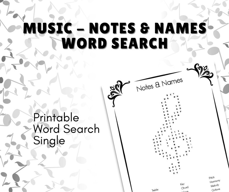 Music Notes & Names Word Search - Etsy