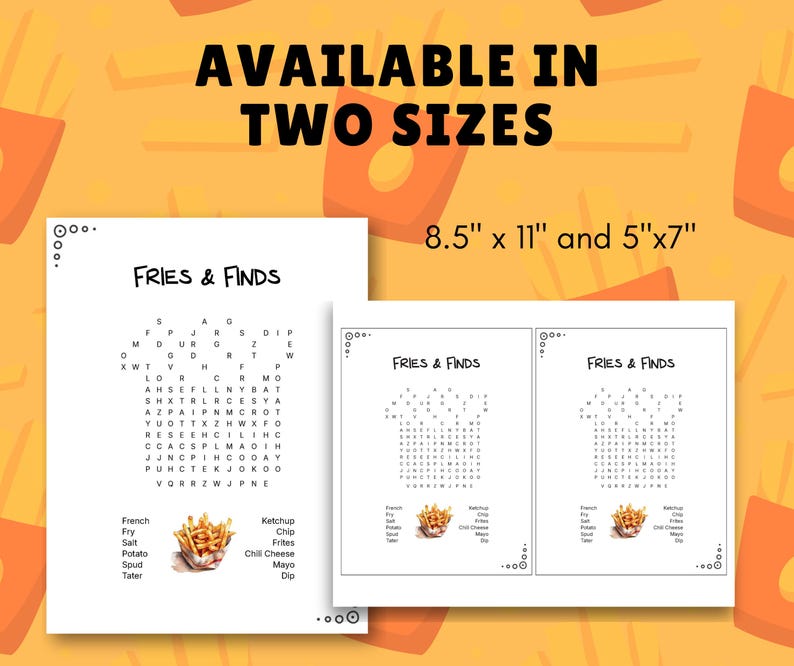 French Fries Word Search Printable - Etsy