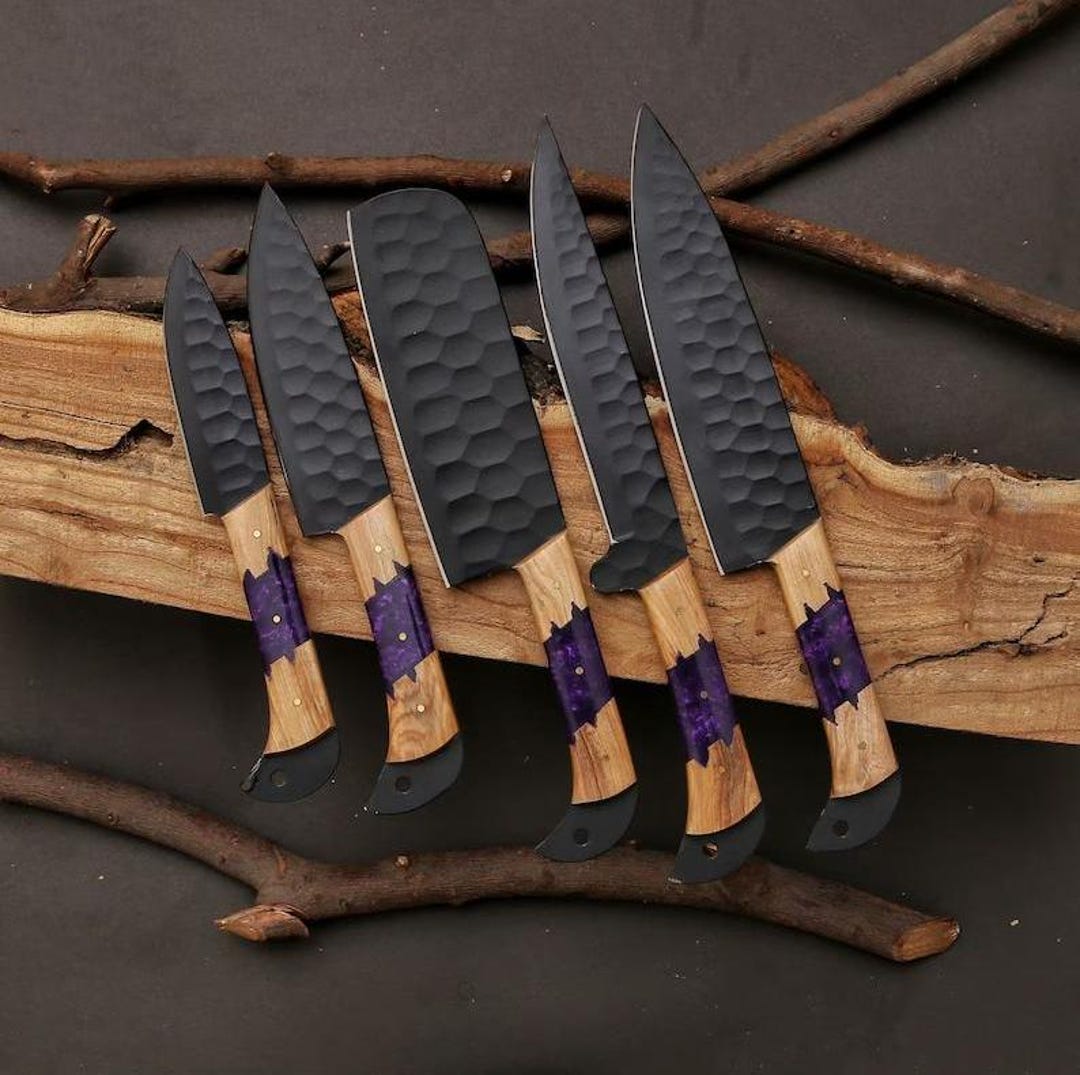 Damascus Pattern Steel Chef Knife Set, 5-piece W/natural Wood Handles ...