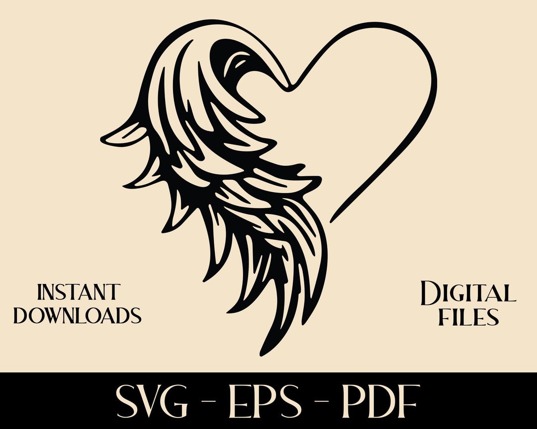 Half Heart and Half Wing Svg, Heart Wing Svg, Angel Wing With Heart Svg ...