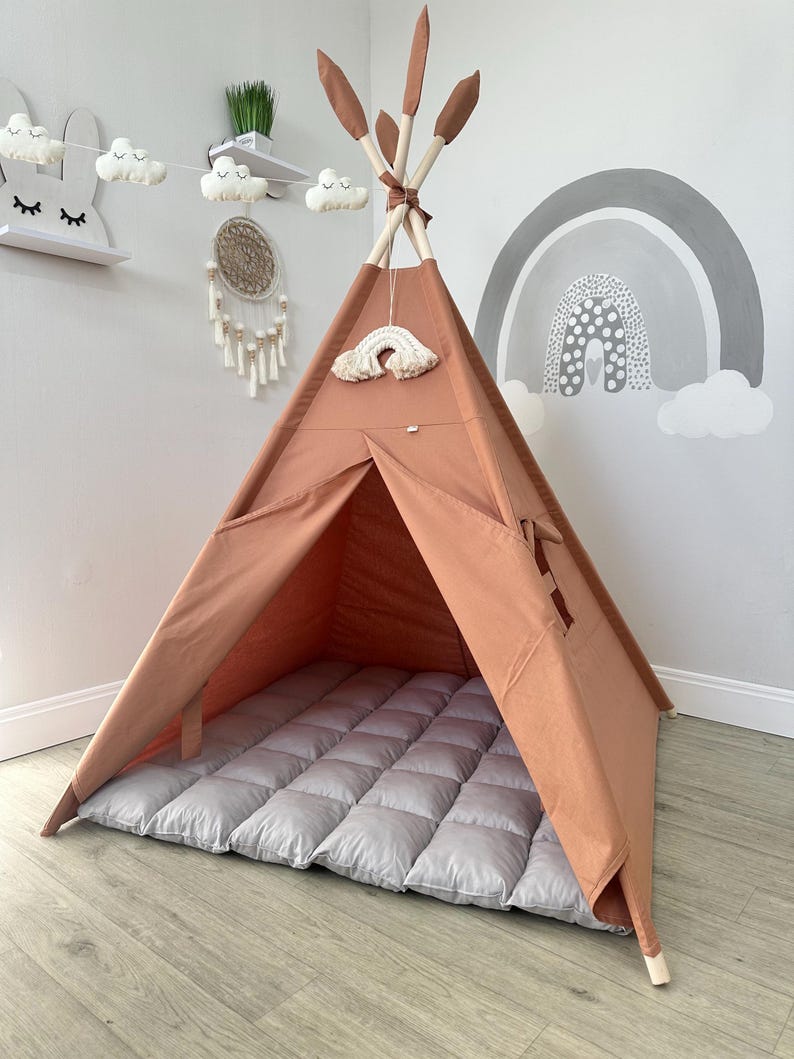 Premium Handmade Kids Teepee Tent With Floor Mat & Pillow – Neutral ...
