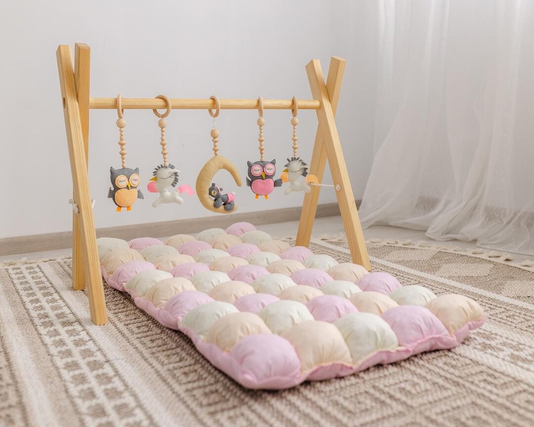 Baby Mobile, Pink Wooden Baby Gym With Pastel Mat, Montessori Play Gym ...