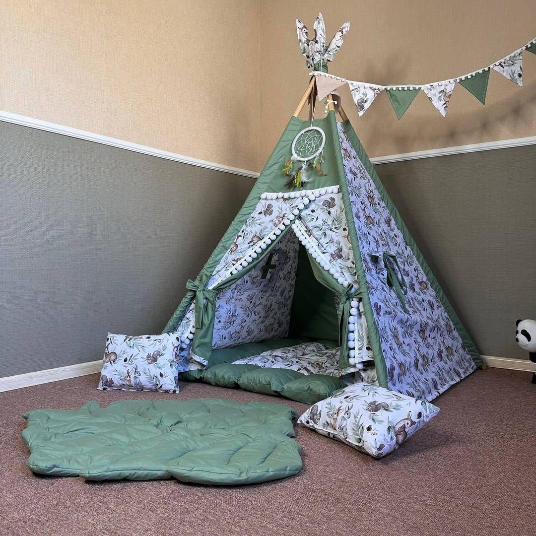 Custom Kids Teepee With Cushions and Mat, Woodland Print Play Tent for ...