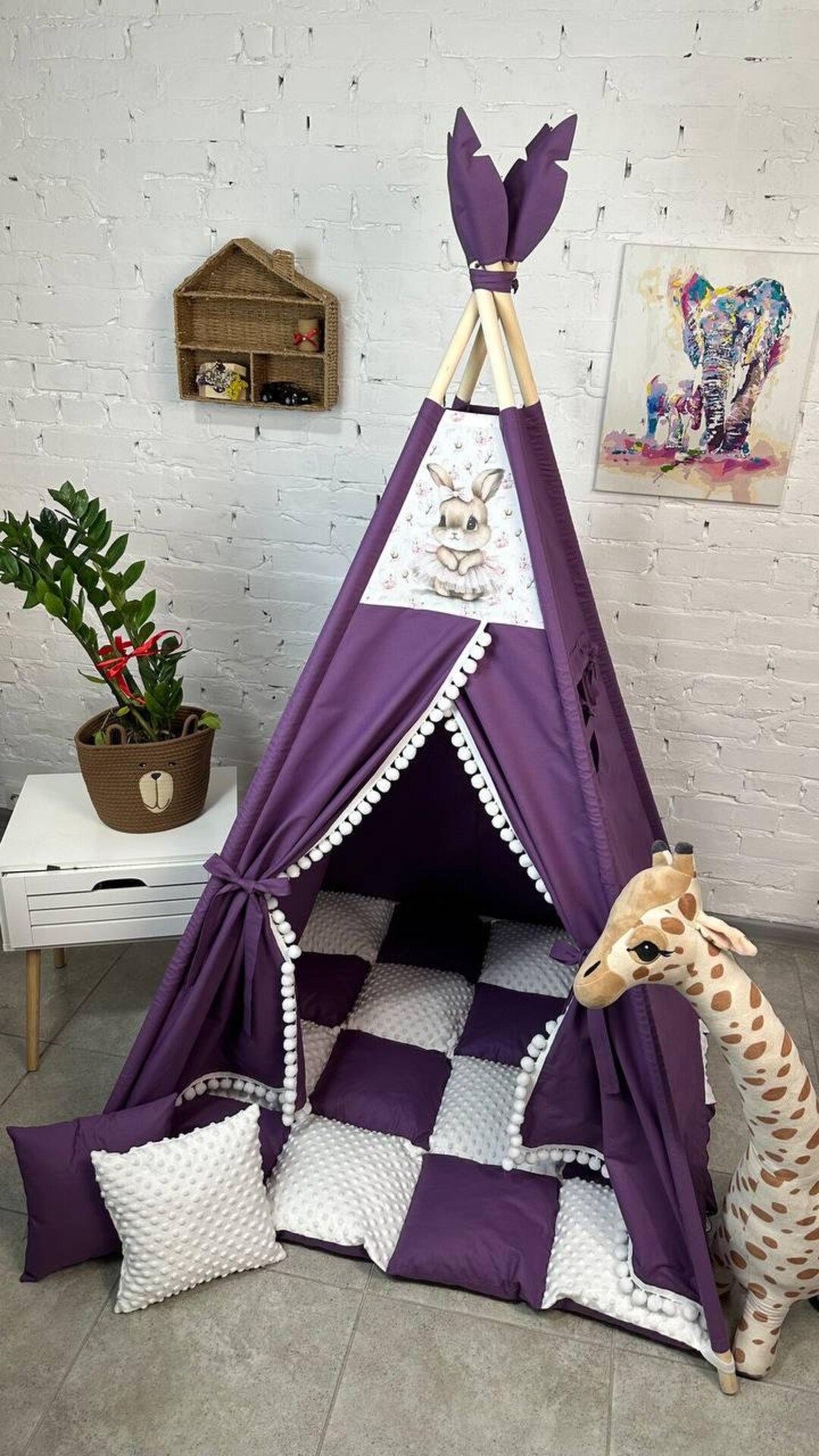 Personalized Purple Kids Play Teepee With Bunny Print, Eco-friendly ...