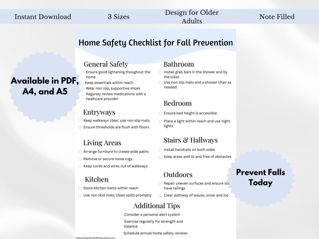 Fall Prevention Checklist, Home Safety, Senior Elderly Fall Prevention ...