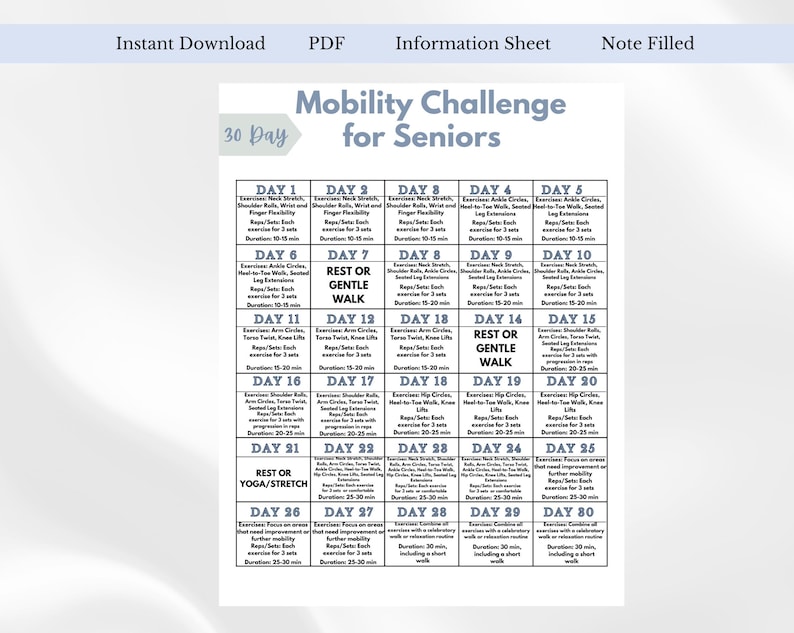 Elderly Fitness Challenge: 30-day Mobility Workout Plan | Printable ...