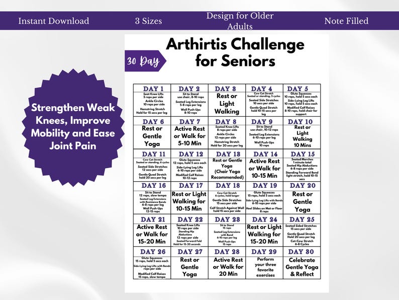 30 Day Arthritis Challenge | Senior Elderly Fitness | Printable Daily ...