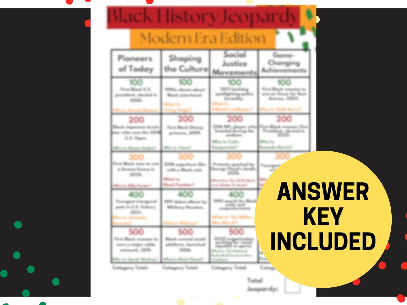 Black History Jeopardy Printable Game - Black African American ...