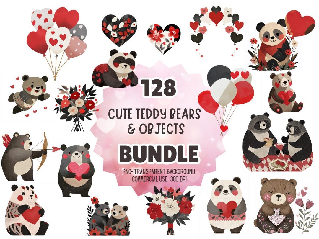 128 Teddy Bear Clipart for Valentines Day, Bear Clipart for Print on ...