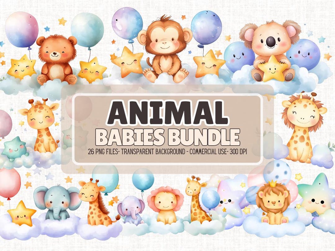 Baby Animal Nursery PNG Clipart Bundle of 26, Animal Babies, Baby ...