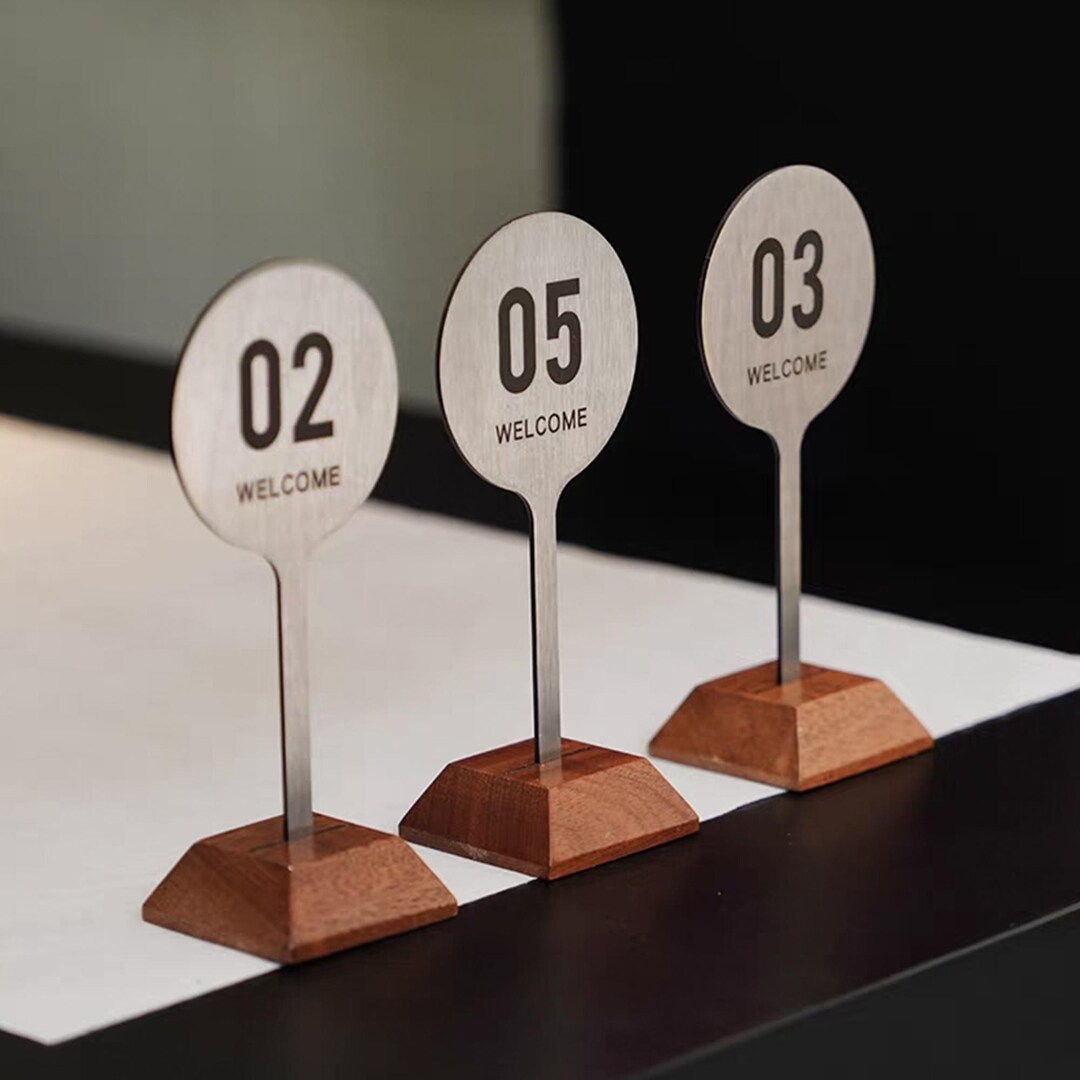 Personalized Wooden Stainless Steel Table Number Sign – Custom Logo ...