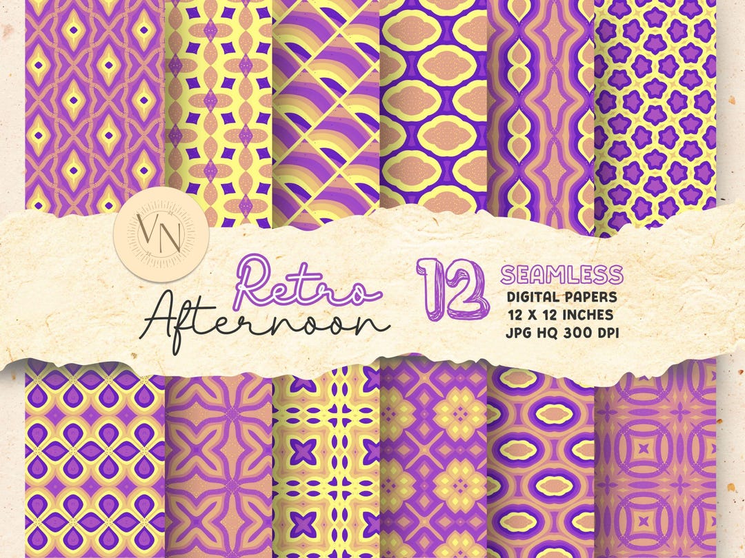 Groovy Seamless Patterns, Purple Psychodelic Digital Papers, Yellow ...