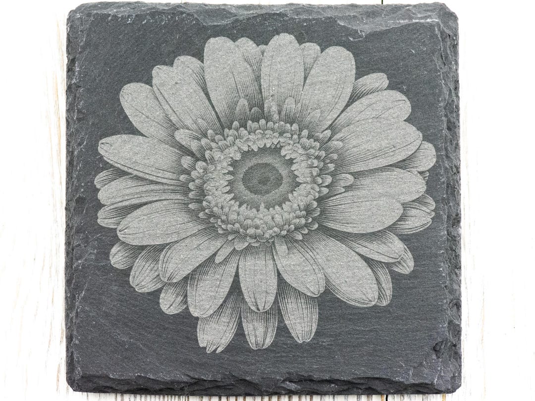 Laser Engraved Gerbera Daisy Black Slate Square Coaster • Rustic ...