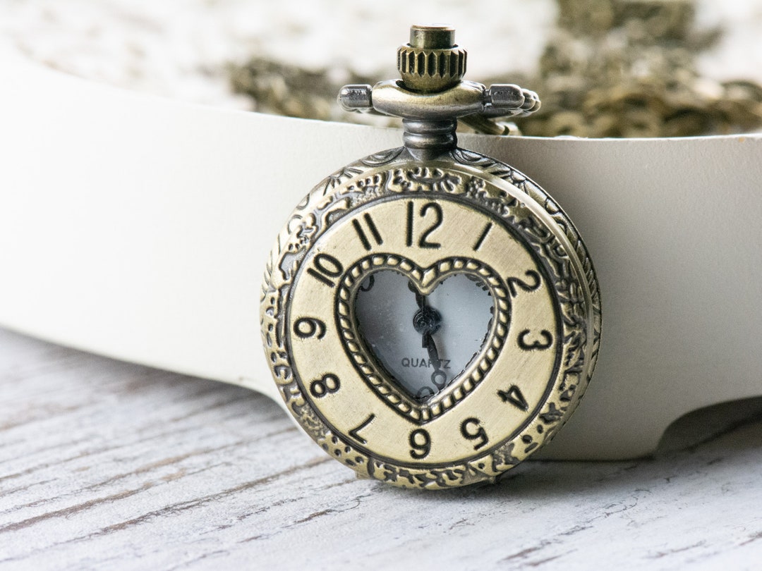 Heart Cutout Bronze Pocket Watch Long Necklace / Unique Watches / Heart ...