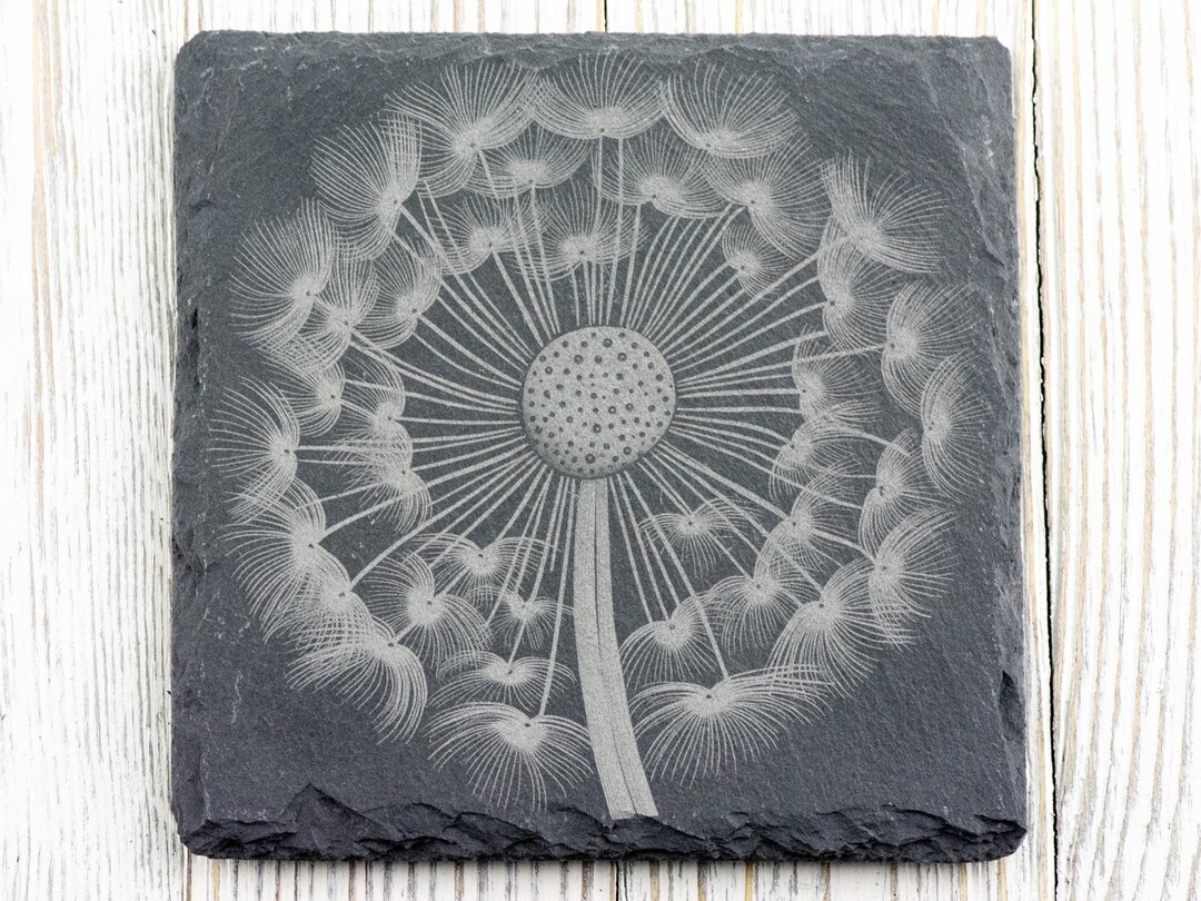 Dandelion Black Slate Coaster • Laser Engraved Square Coasters • Rustic ...