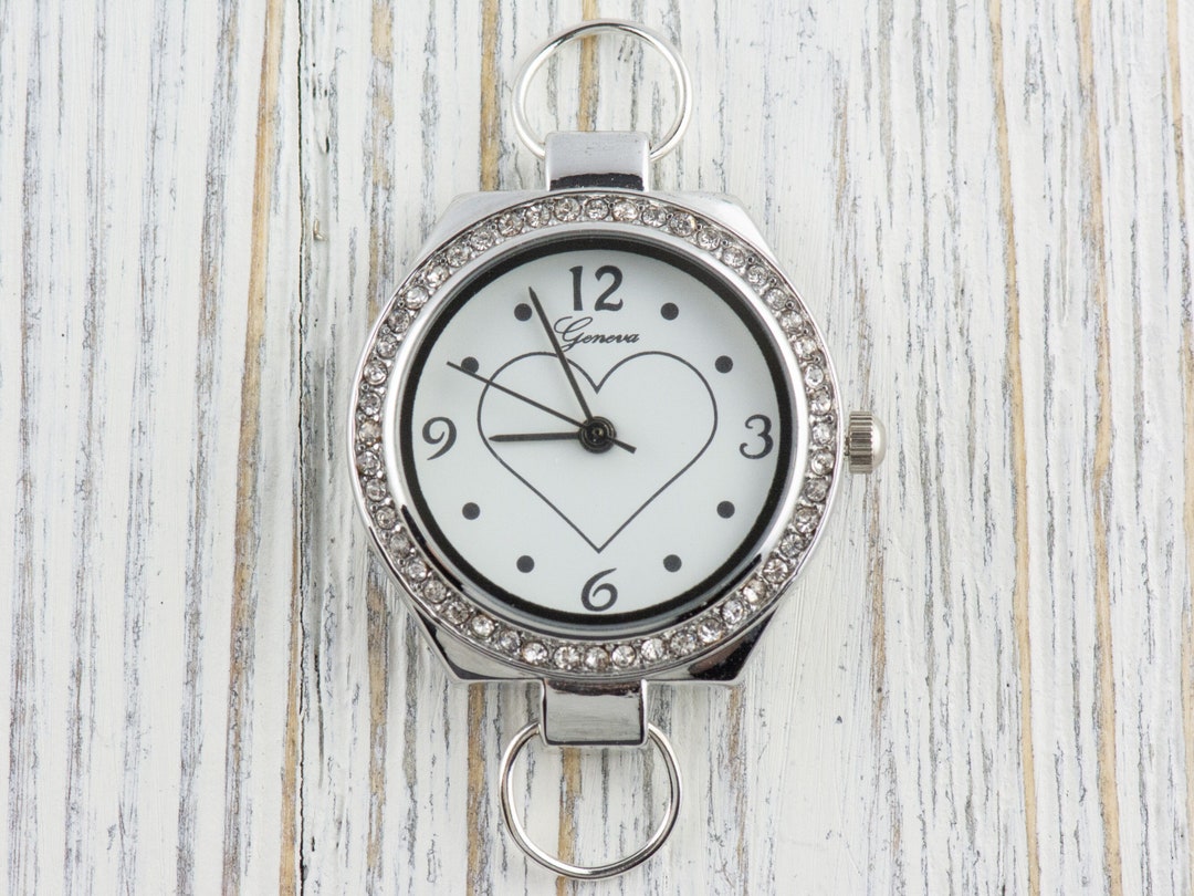 Heart-outline Round Rhinestone-studded Silvertone Watch Face • White ...