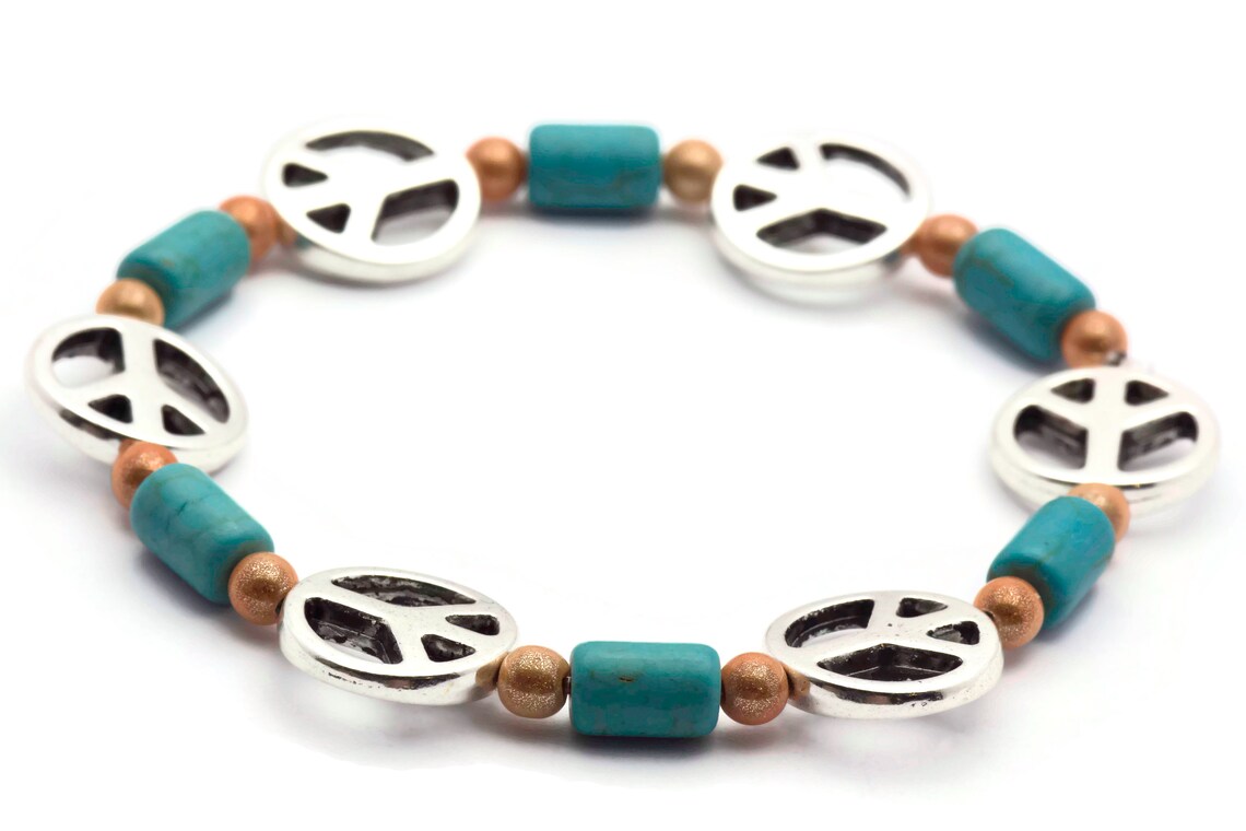 Turquoise Peace Sign Bracelet Blue Peace Bracelet Stretch | Etsy