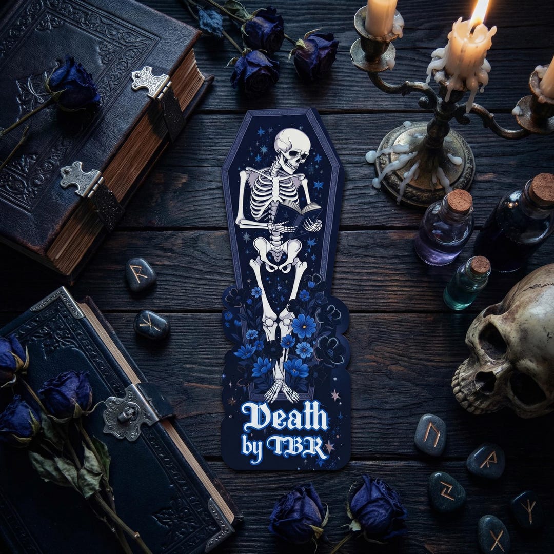 Death by TBR Bookmark | Skeleton Reading in a Coffin | Silver Foil ...