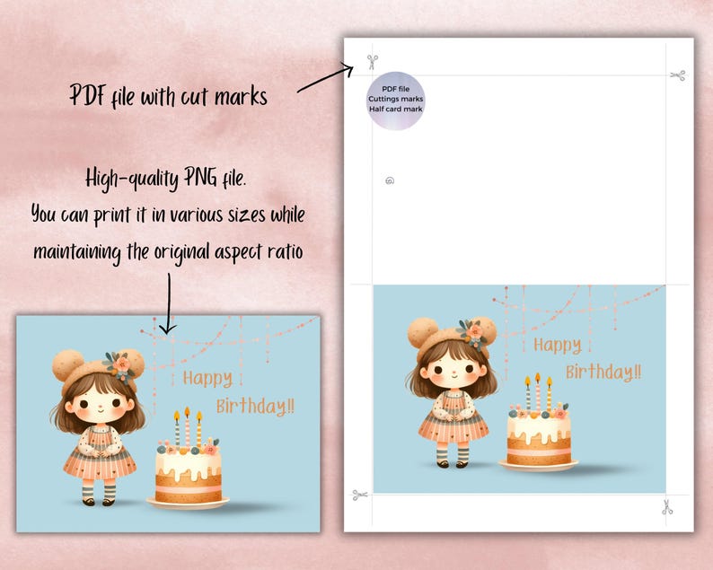 Cute Happy Birthday Card for Gir | Birthday Cake Card | Instant Digital ...
