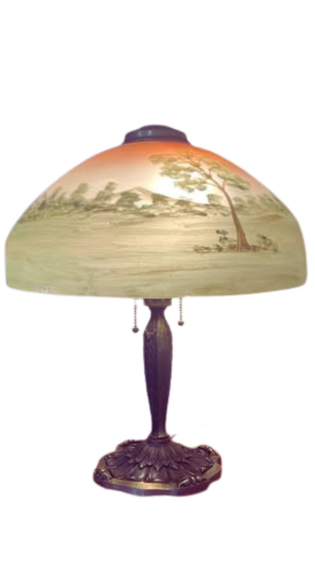 Vintage Reverse-painted Handel Style Lamp – 18" Scenic Glass Shade ...