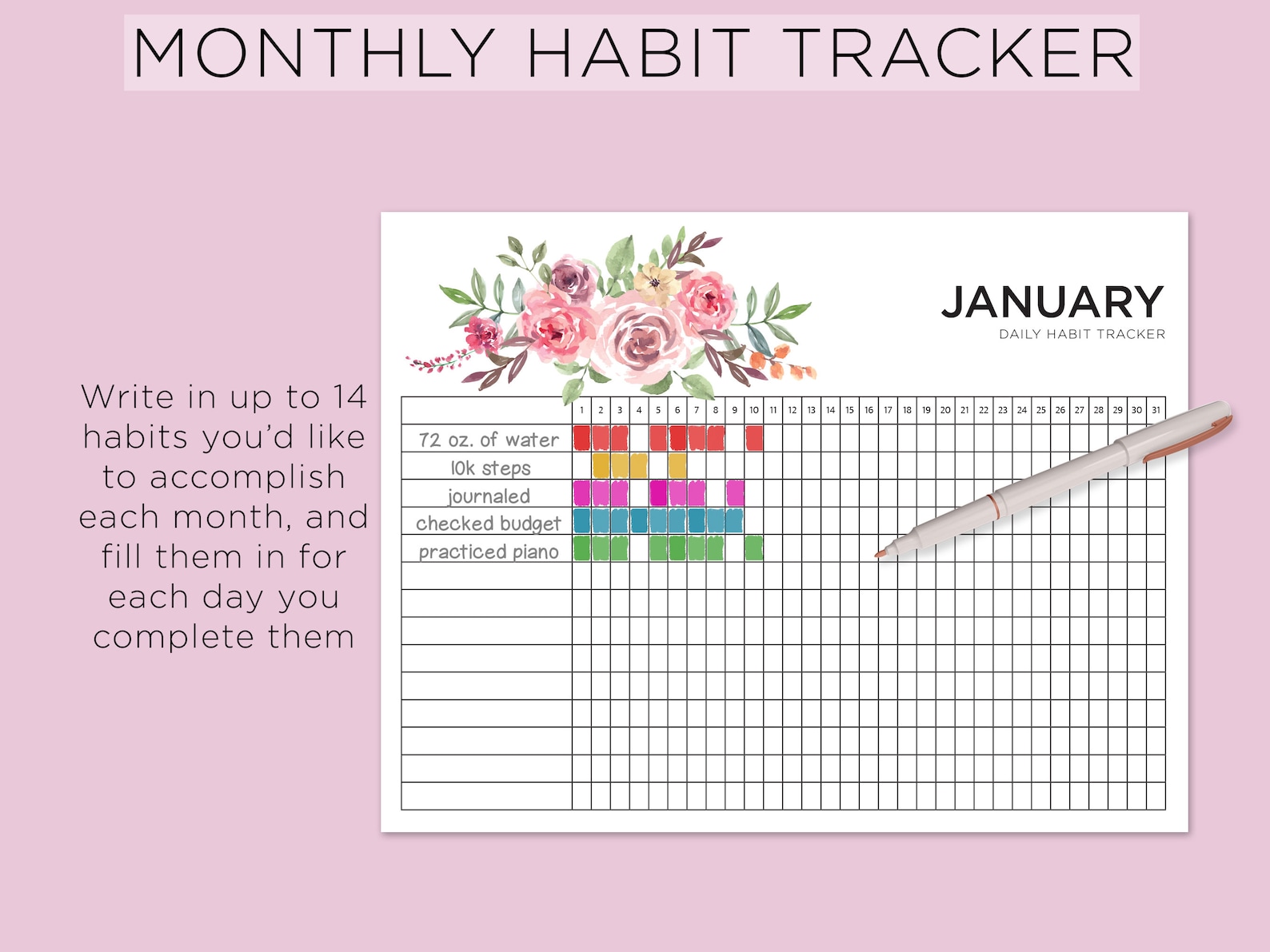 Daily Habit Tracker Calendar Monthly PRINTABLE // Downloadable Letter ...