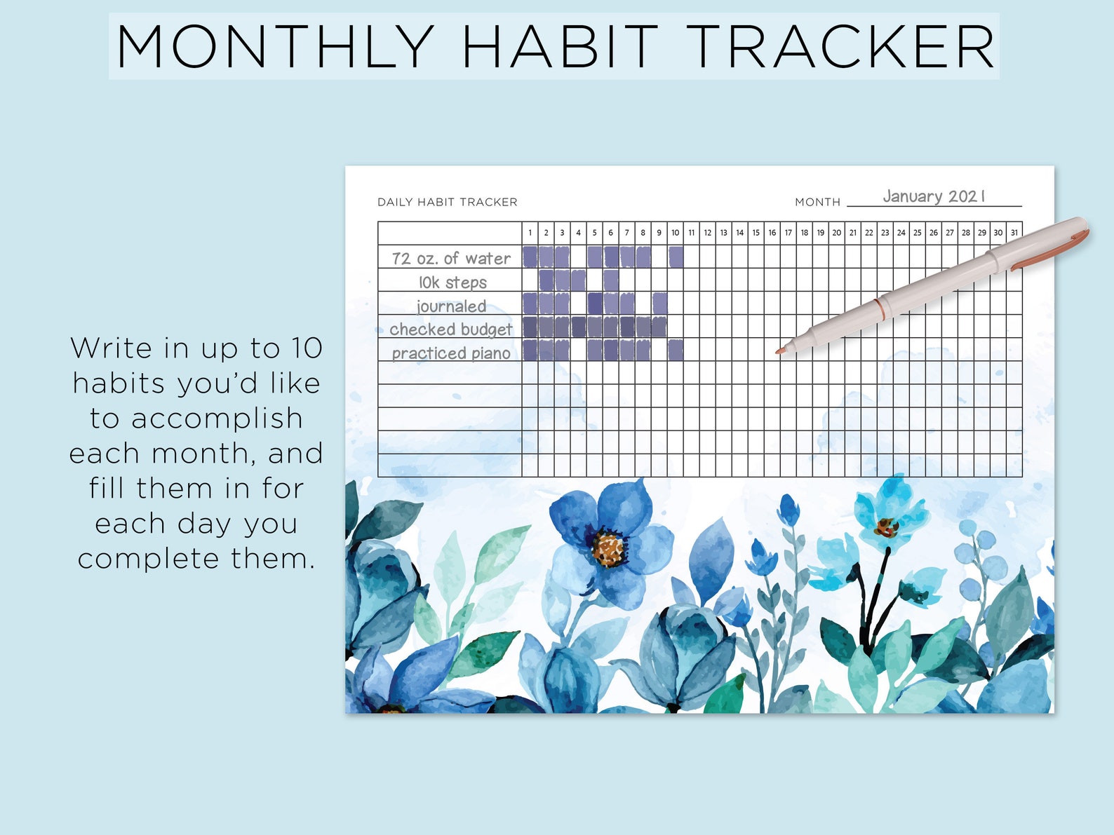 Daily Habit Tracker Calendar Monthly PRINTABLE // Downloadable Letter ...