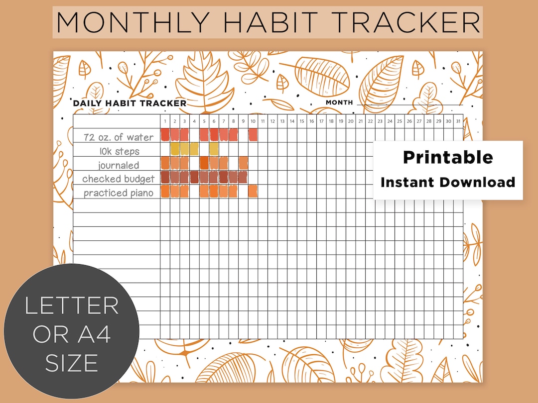 Fall Leaf Design Daily Habit Tracker Calendar Monthly PRINTABLE ...