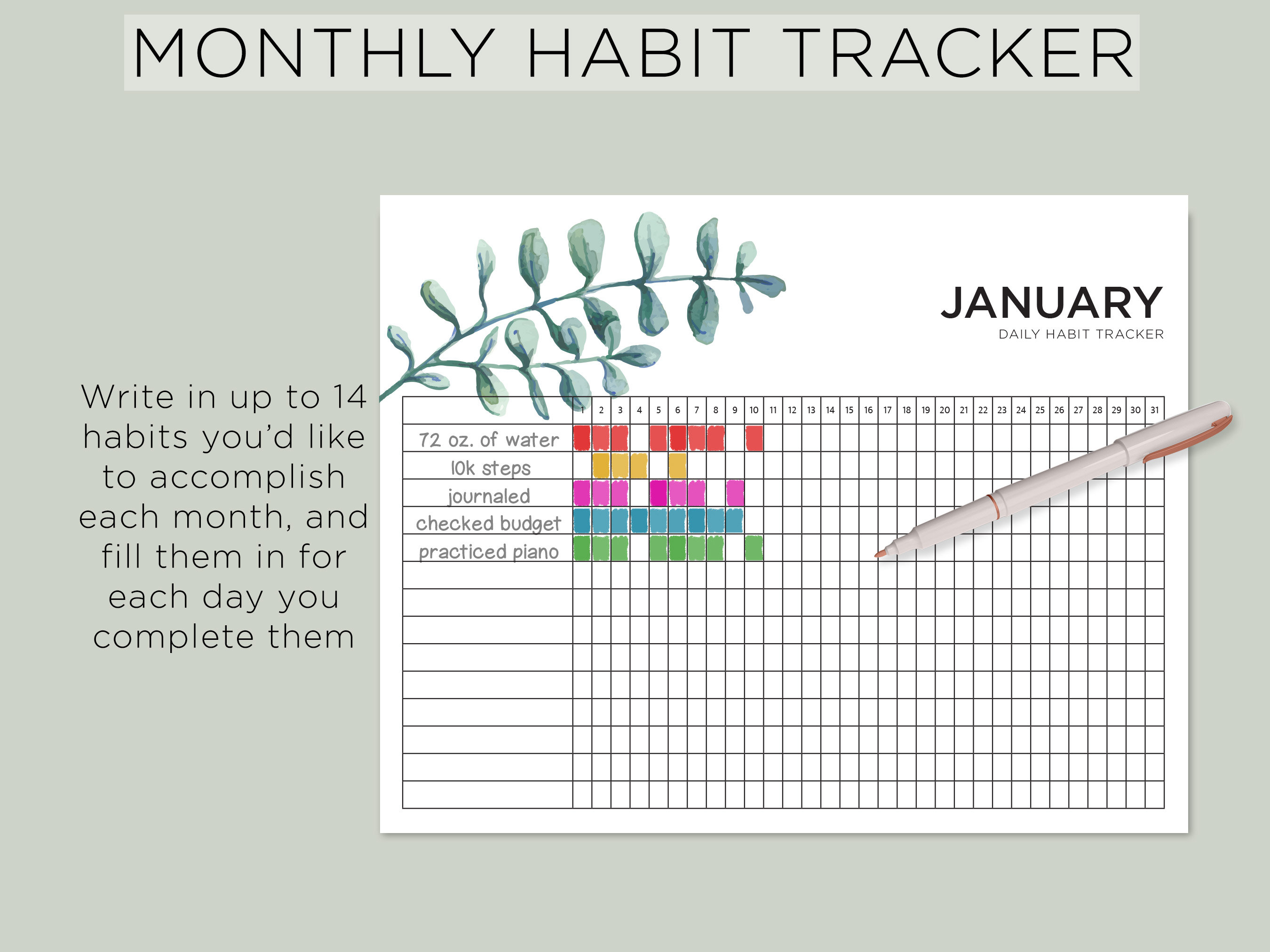 Daily Habit Tracker Calendar Monthly PRINTABLE // Downloadable Letter ...