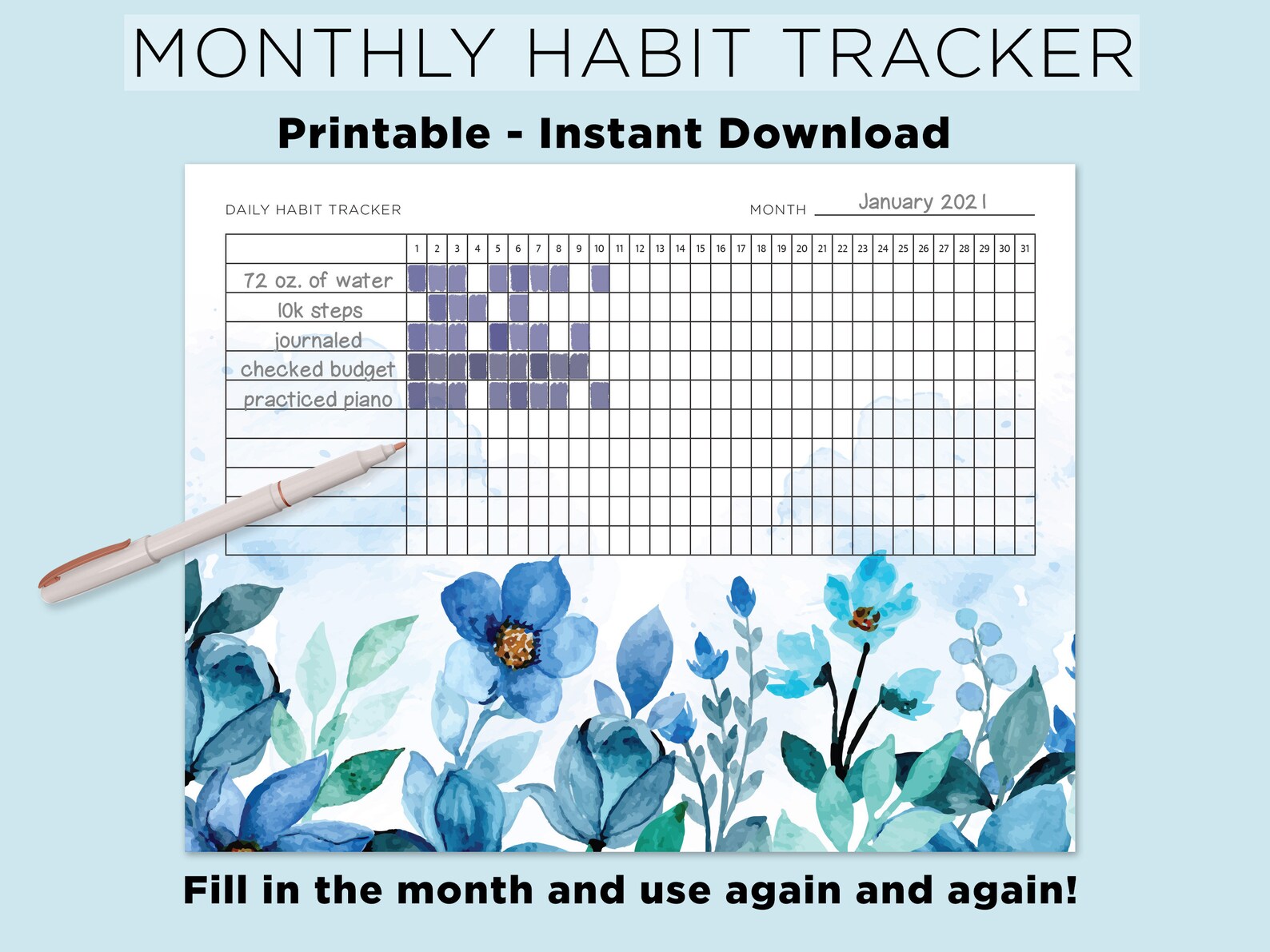 Daily Habit Tracker Calendar Monthly PRINTABLE // Downloadable Letter ...