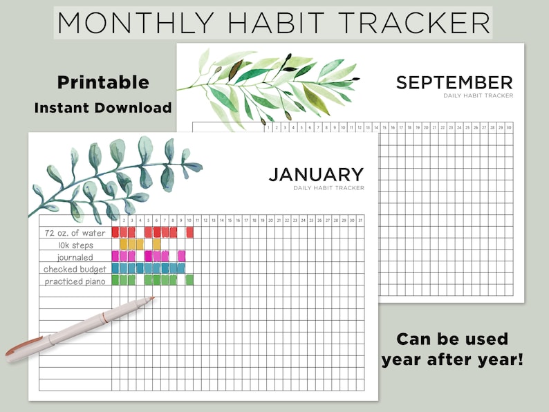 Daily Habit Tracker Calendar Monthly PRINTABLE // Downloadable Letter ...