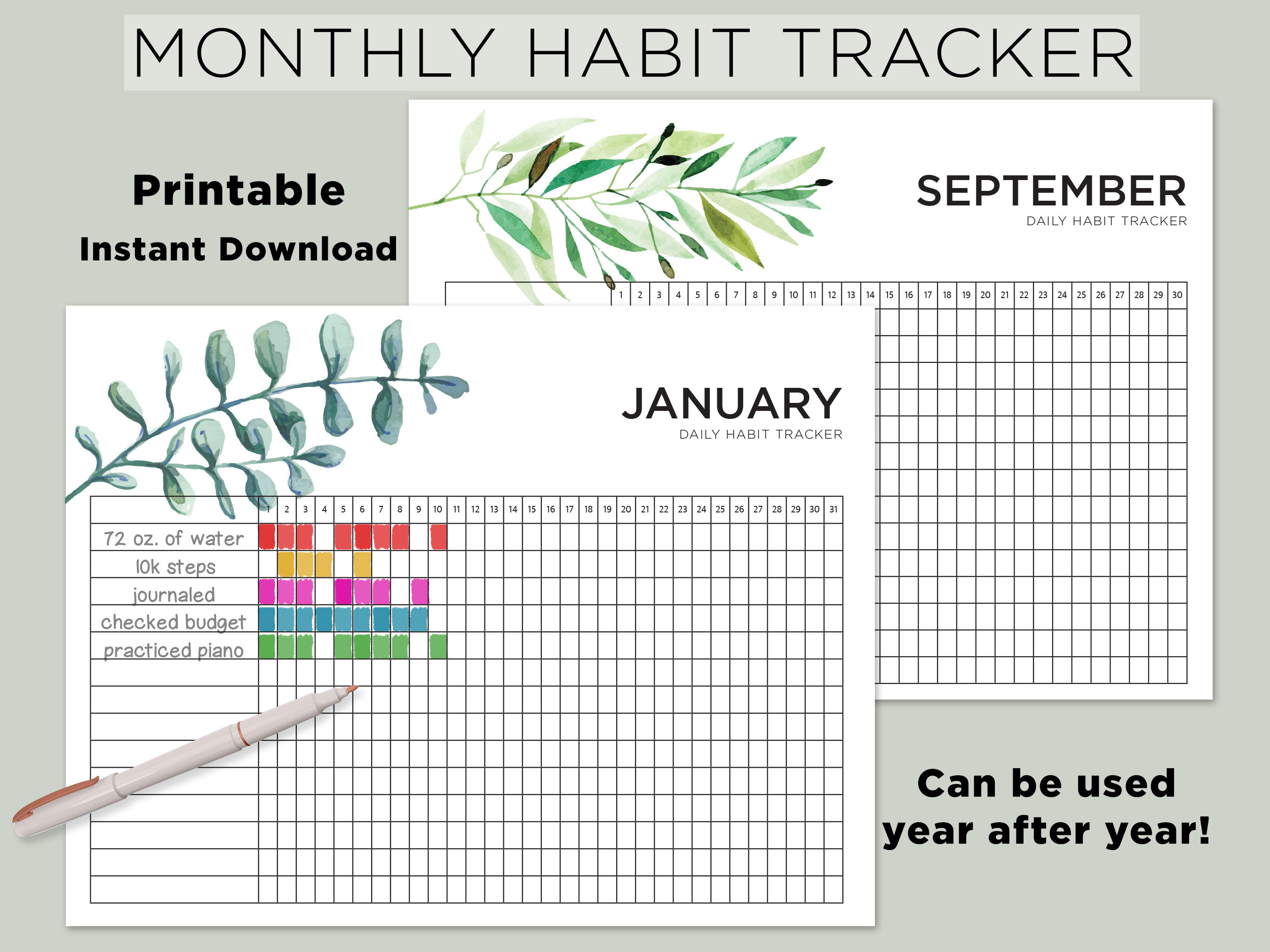 Daily Habit Tracker Calendar Monthly PRINTABLE // Downloadable Letter ...