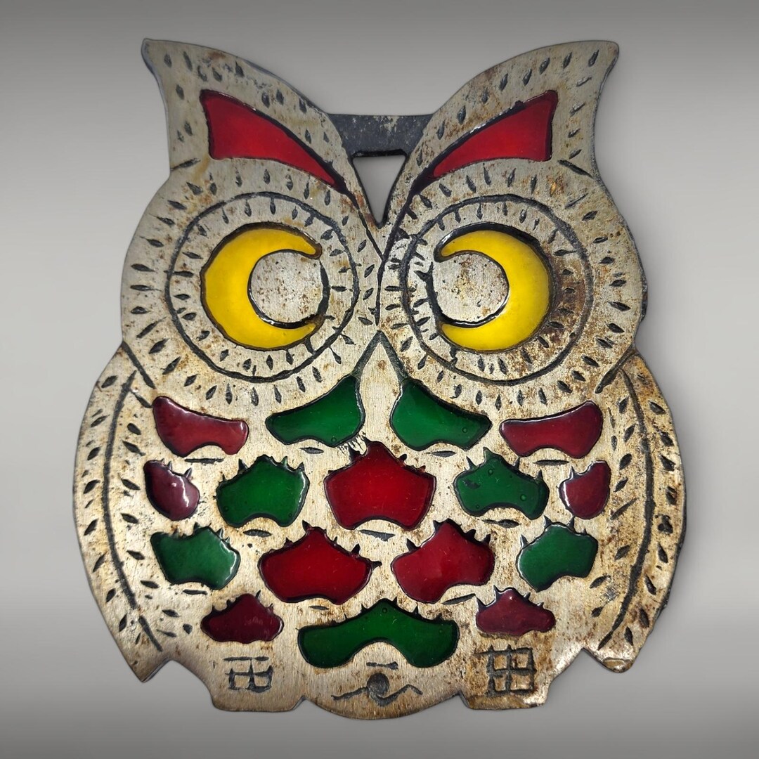 Vintage MCM Metal Owl Stained Glass Trivet - Etsy