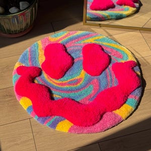 Handmade 3D Smiley Face Tufted Rug Colorful Round Swirl Carpet Funky ...