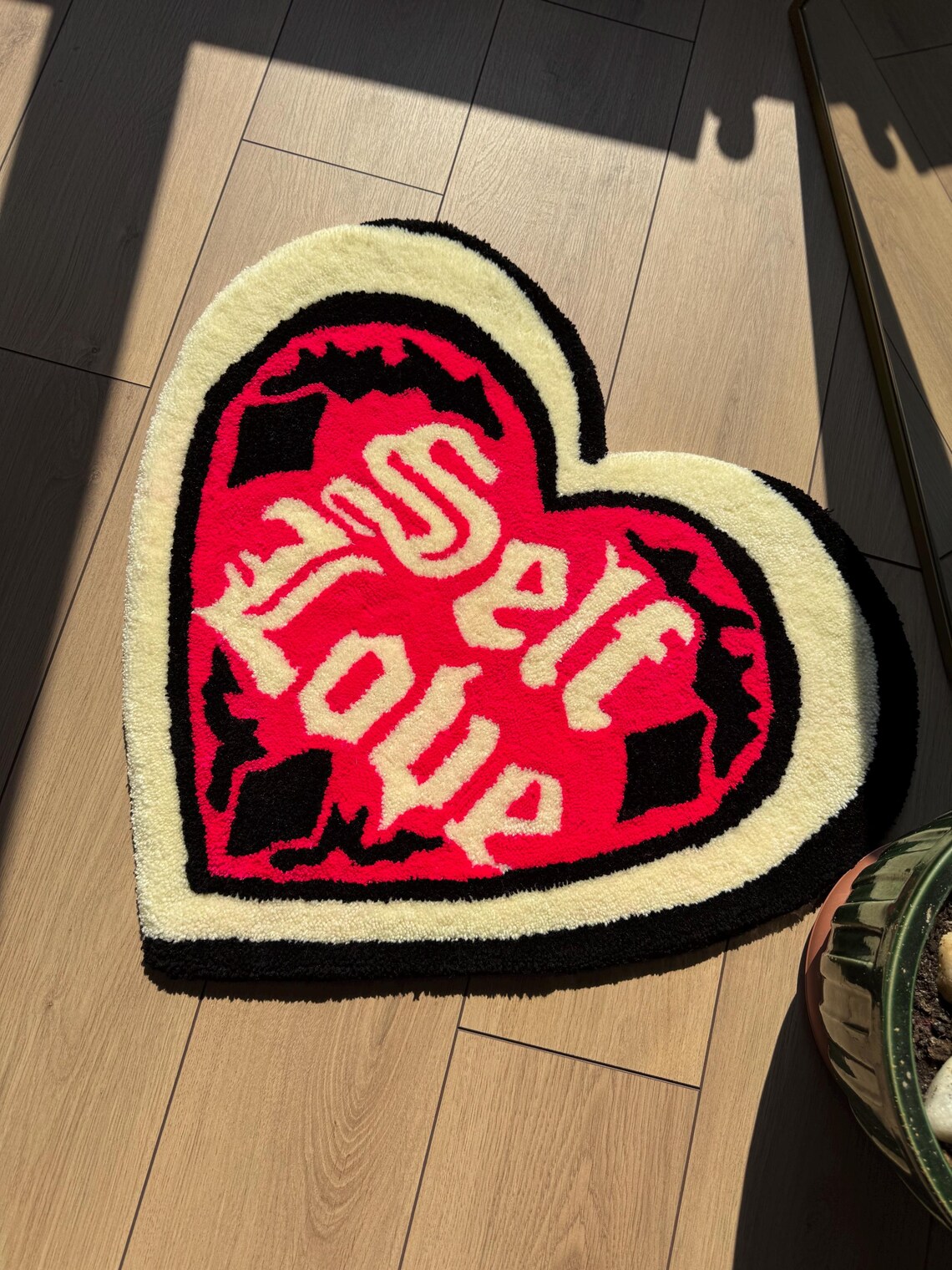 Handmade Self Love Heart Tufted Rug Bold Lettering Gothic Pink Red ...