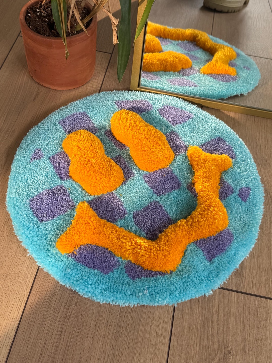 3D Acid Fluffy Checkered Smile Face Tufted Rug, Handmade Tufted Rugs ...